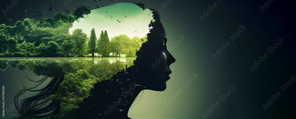 Earth day banner, profile of a woman on green forest landscape with ...