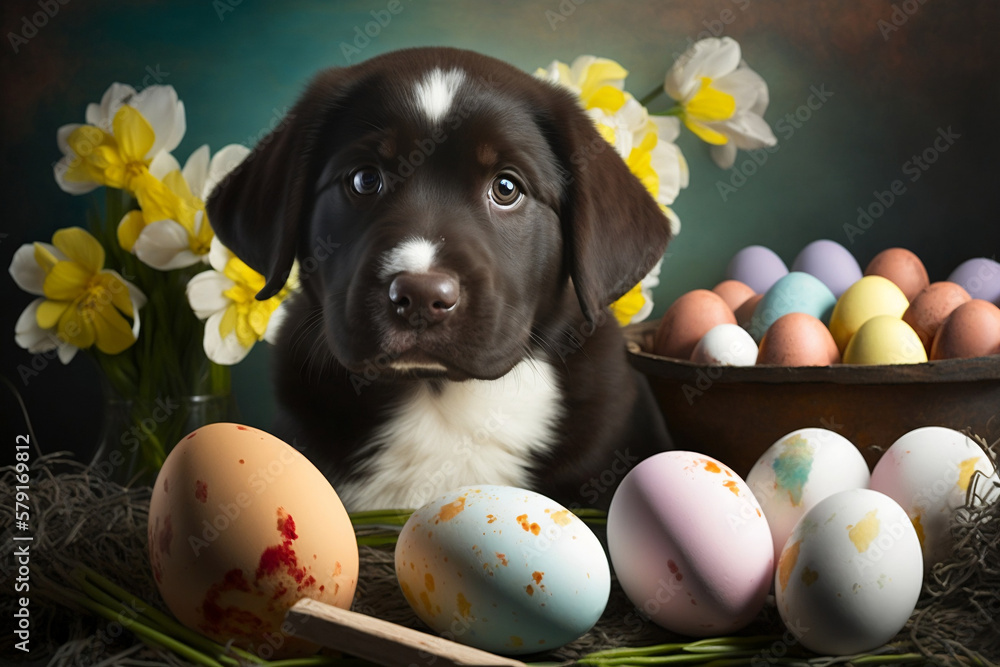 Abstract Easter Picture Of Eggs, Flowers, And A Cute Puppy Surrounded ...