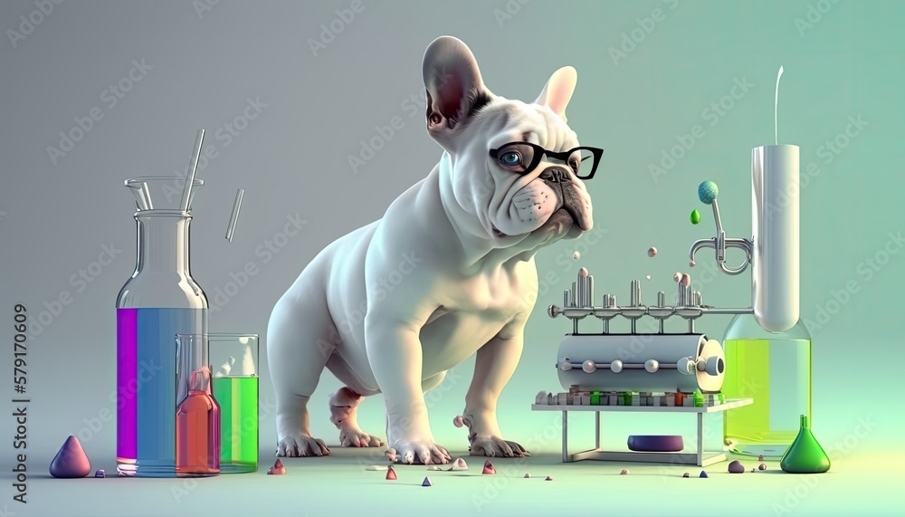 Adorable little French bulldog dressed in a crisp white lab coat, busy ...