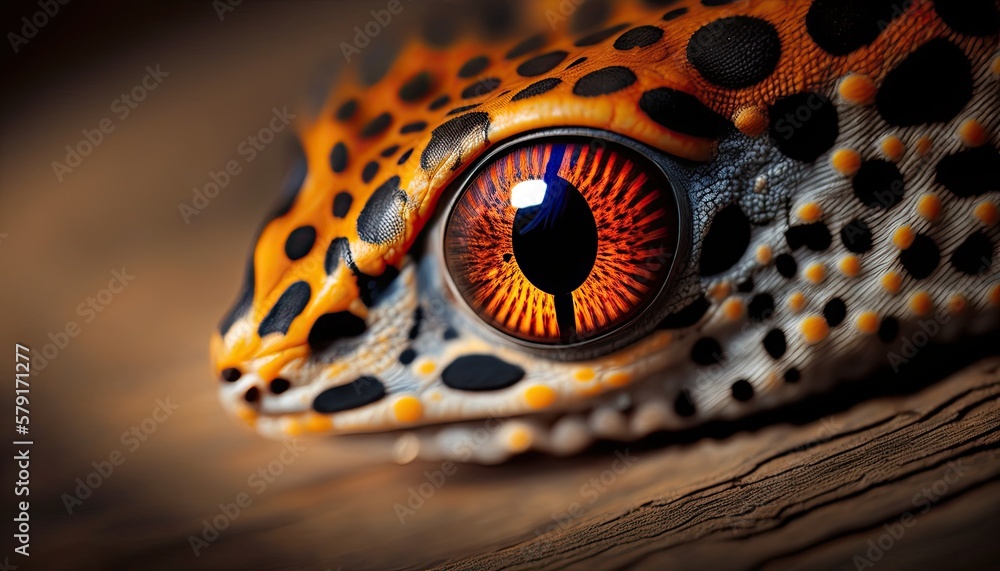 A striking macro shot of a leopard gecko's eye with vivid orange and ...