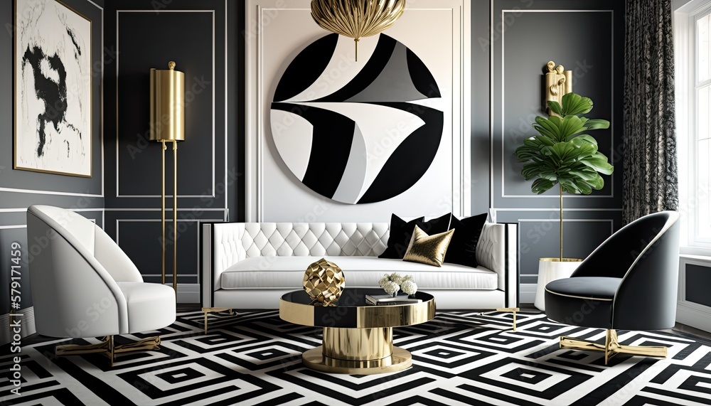 An art deco bathroom with black and white geometric tile and a gold ...