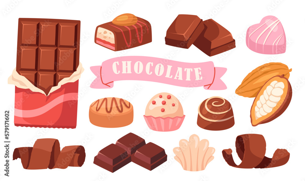 Set of chocolate icons. Stickers or illustrations with chocolate bar ...
