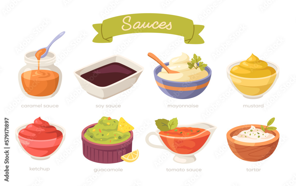 Set of Various sauces in bowls. Small jars with mustard, mayonnaise ...