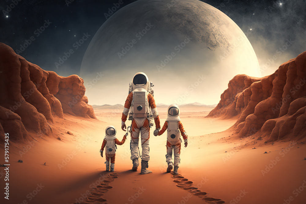 A family with a child dressed as astronauts hold hands standing on Mars ...