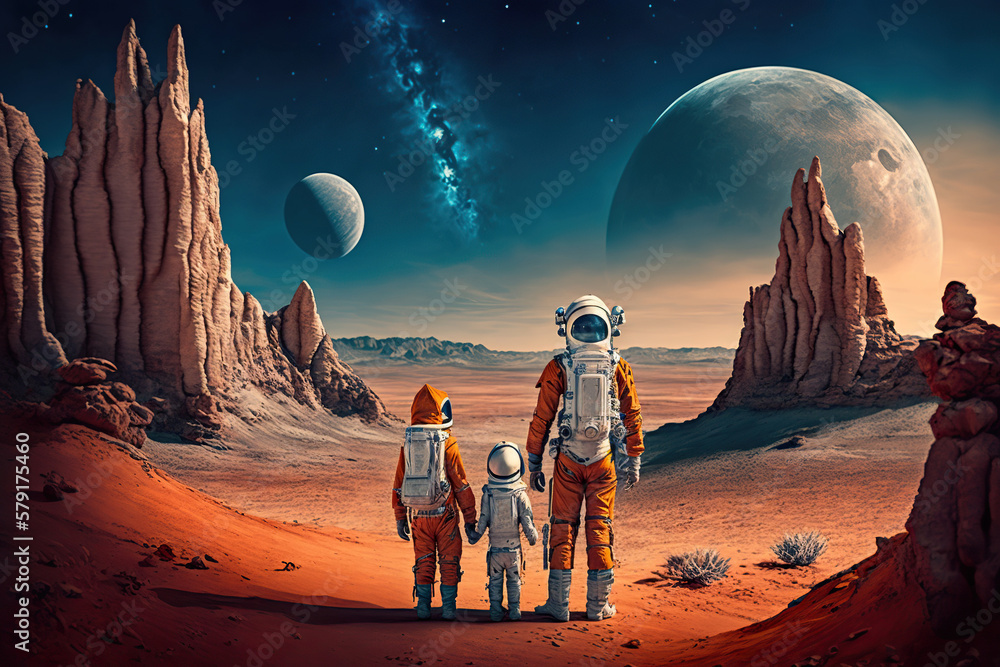 A family with a child dressed as astronauts hold hands standing on Mars ...