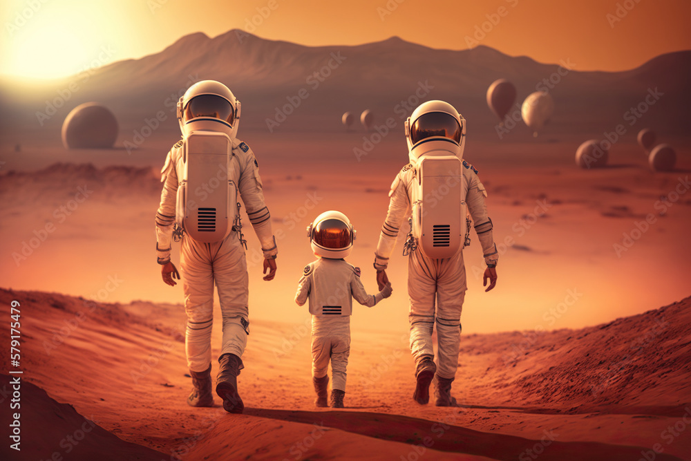 A family with a child dressed as astronauts hold hands standing on Mars ...