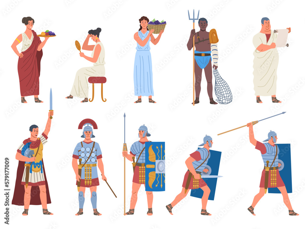 Ancient Romans set. Men and women in tunics or gladiatorial armor with ...