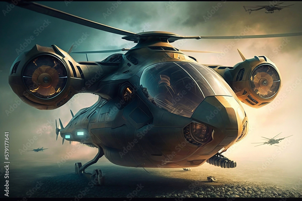 Nanotechnology a drone mixed between helicopter, jet fighter plane and ...