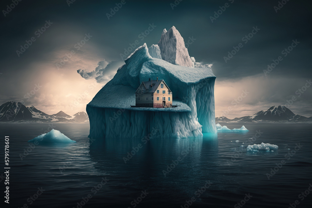 Alone house on iceberg in the middle of the ocean, concept of Isolation ...