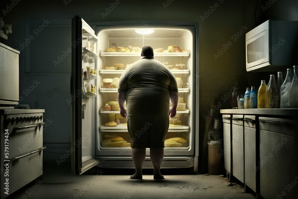 A very fat man looks into an opened fridge, concept of Obesity and ...