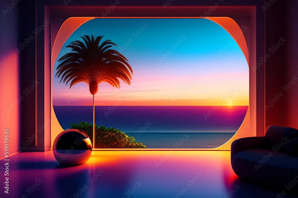 big window, holiday vibes hawaii, living room, futuristic, ultra ...