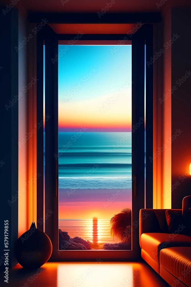 big window, holiday vibes hawaii, living room, futuristic, ultra ...