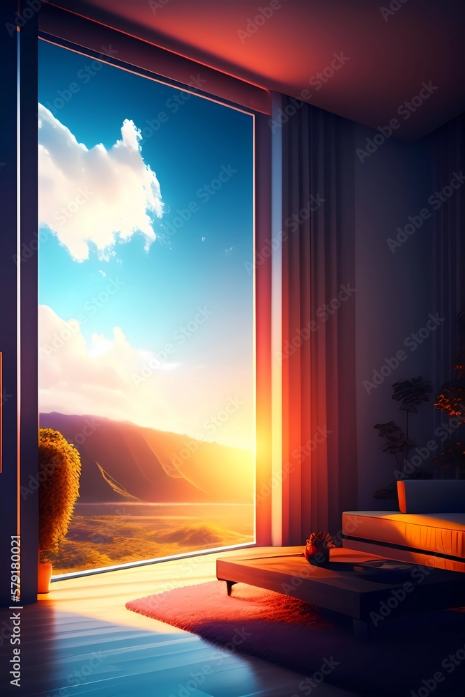 big window, holiday vibes hawaii, living room, futuristic, ultra ...