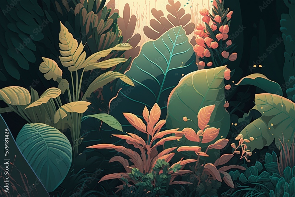cartoon illustration, plants respond to light by expanding,generative ...