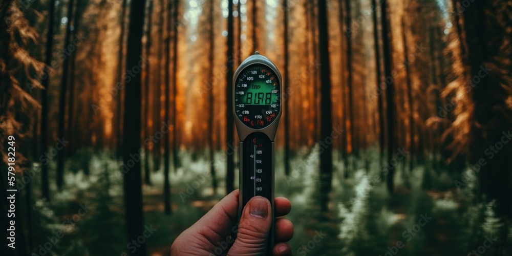 Person holding thermometer measuring temperature in forest, concept of ...
