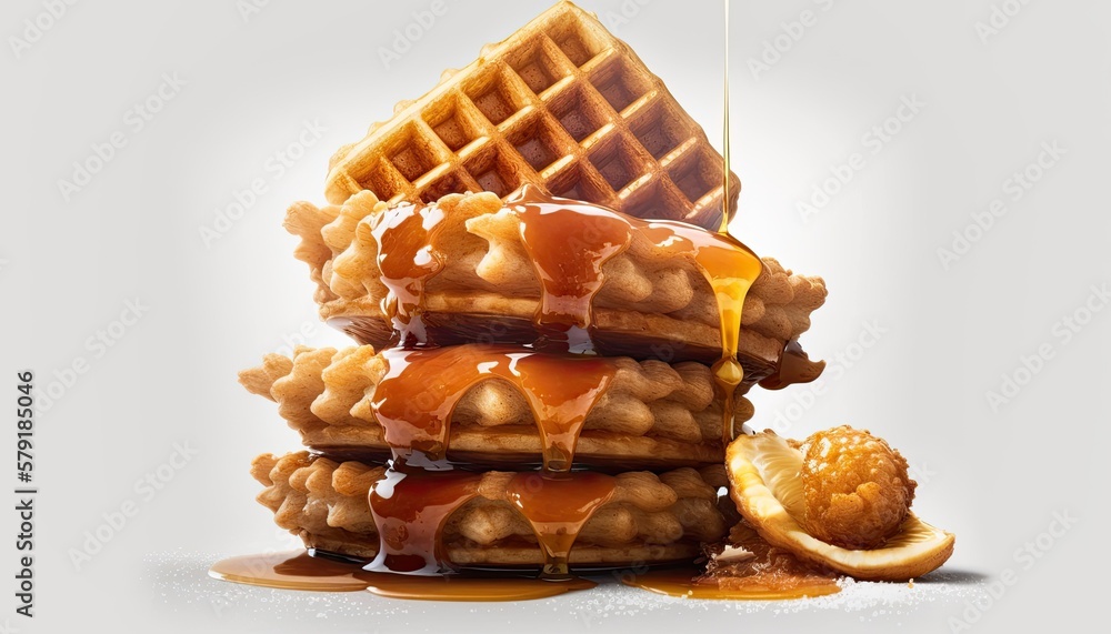 A stack of waffles with syrup and fried chicken on White Background ...