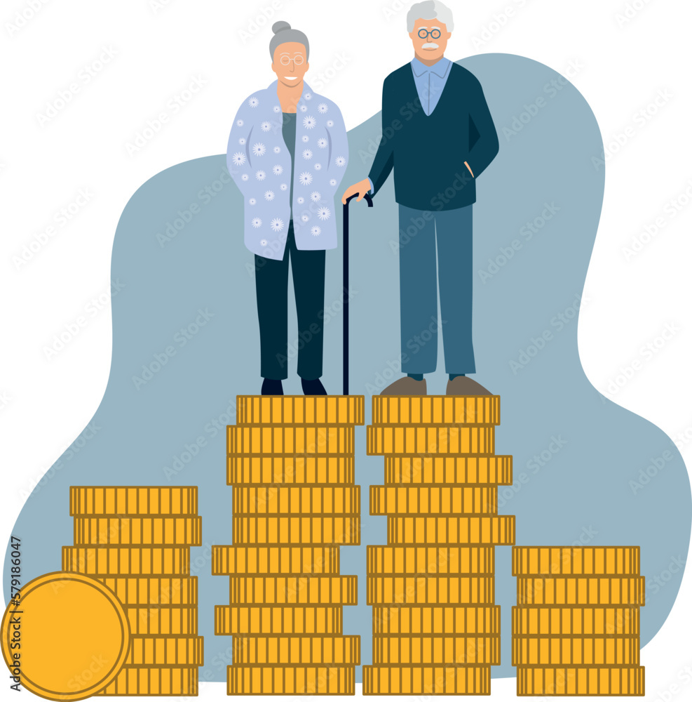 Illustration vectorielle montrant un couple de retraités debout sur un tas de pièces de monnaie ...