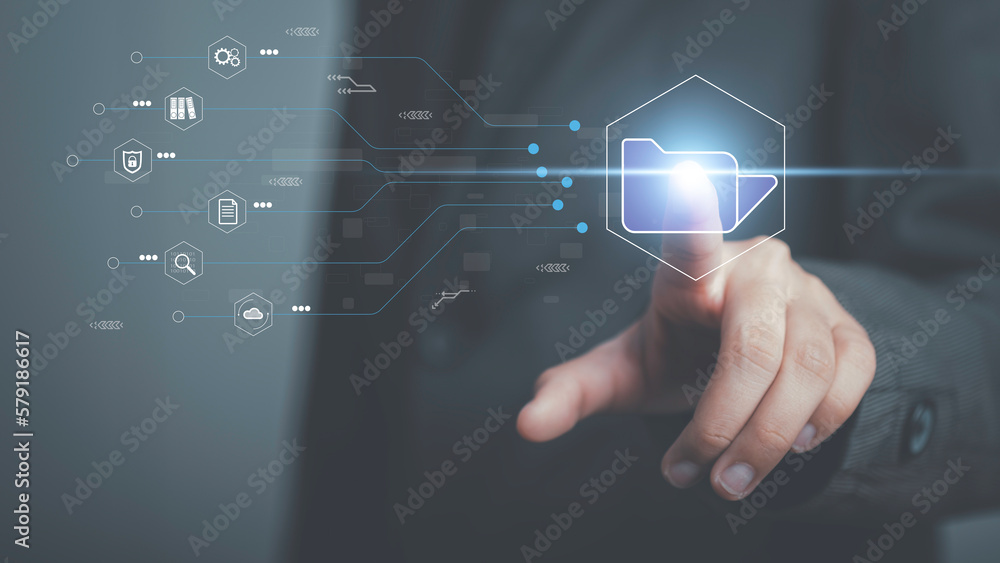 Document Management System(DMS) concept. File folder with linked blank ...