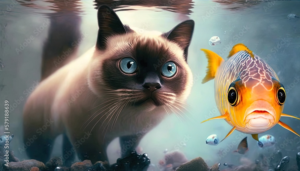 Cat swimming underwater to catch scared orange fish below water surface ...