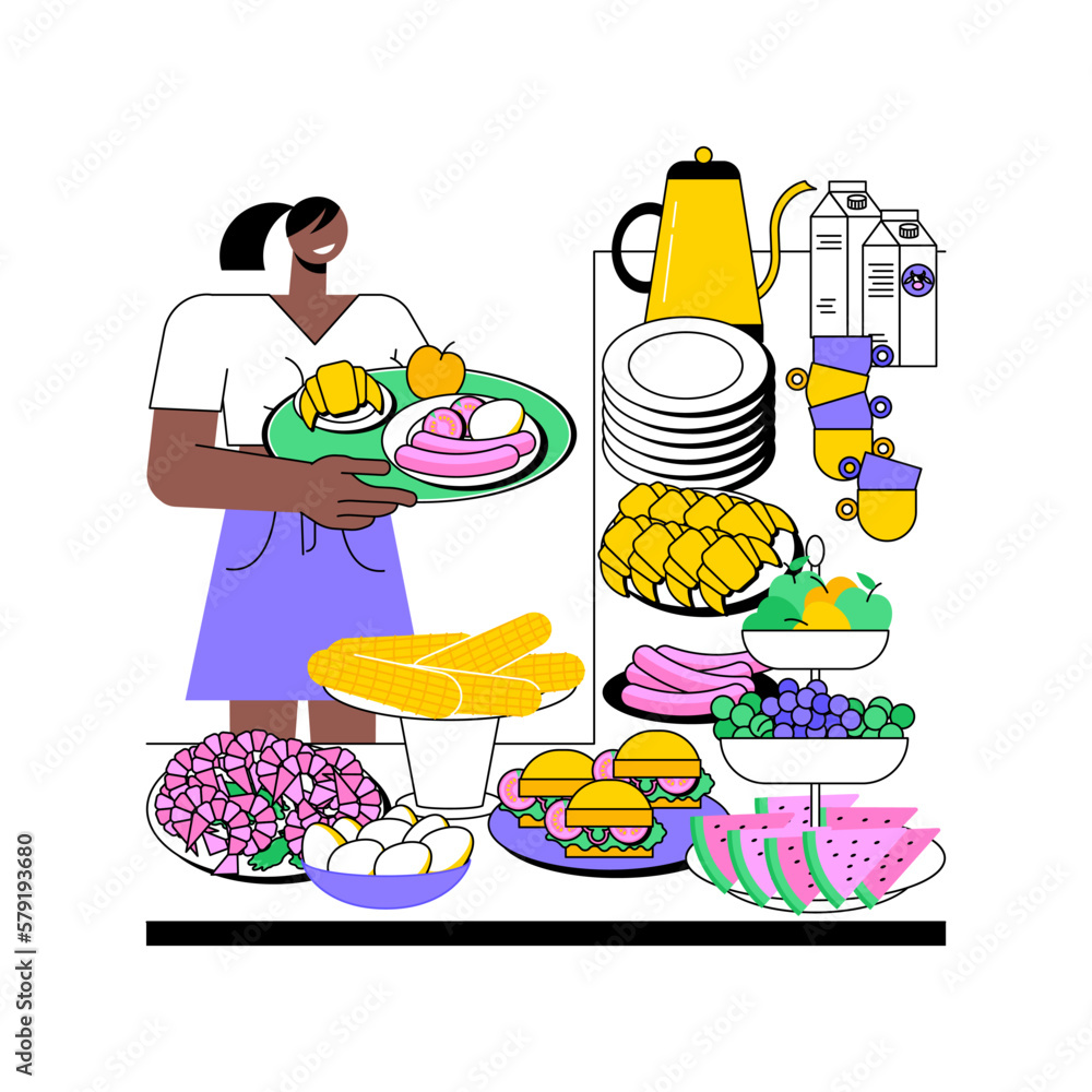 Buffet breakfast isolated cartoon vector illustrations. Young girl ...