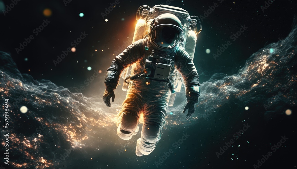 Astronaut floating in outer space. Zero gravity alien spacesuit in cosmos, universe, galaxy ...