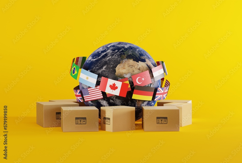 Planet Earth together with flags of different countries and courier ...