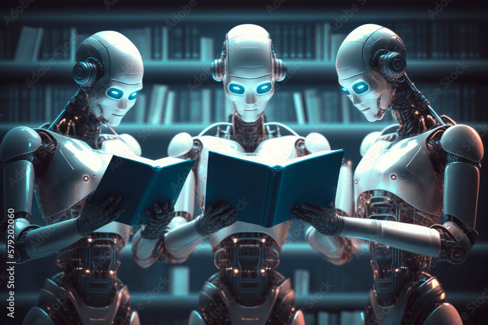 Three humanoid robots reading books in a library, The machine learning ...