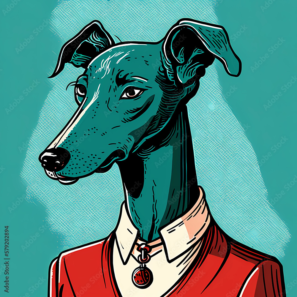 Pop Art Comic Book Style Image of a Greyhound Dog Wearing a Suit in a ...