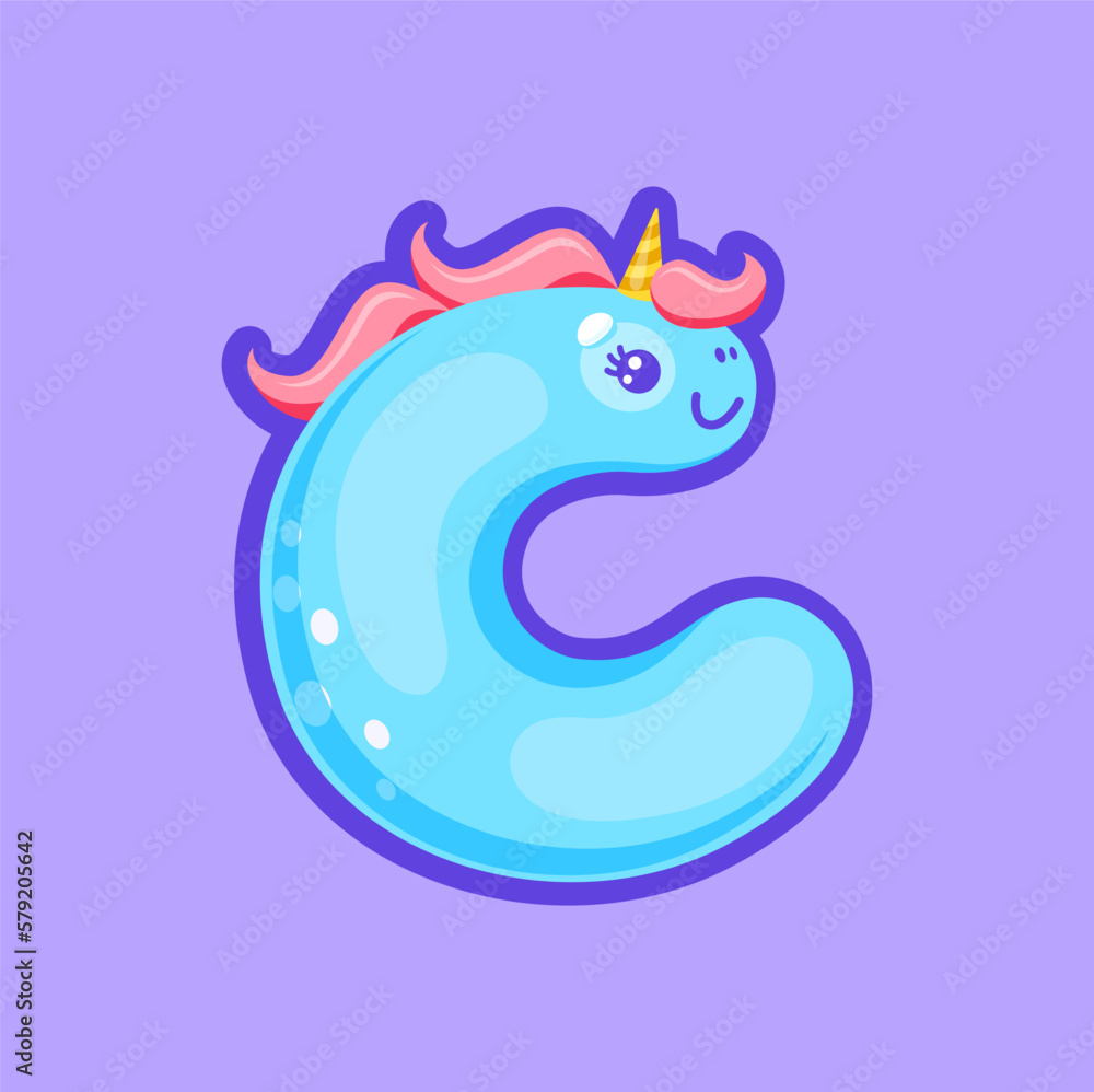 C letter unicorn typeset or typeface element, alphabet sign of funny ...