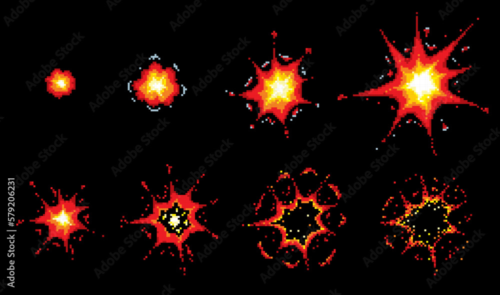 Pixel art explosion and burst animation. 8 bit boom, blast, bomb, flash effect animated sprite ...