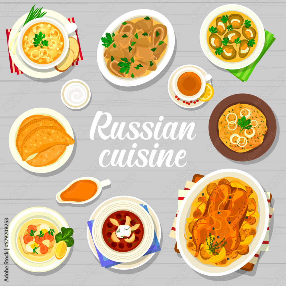 Russian cuisine restaurant meals menu cover page. Cabbage rolls ...