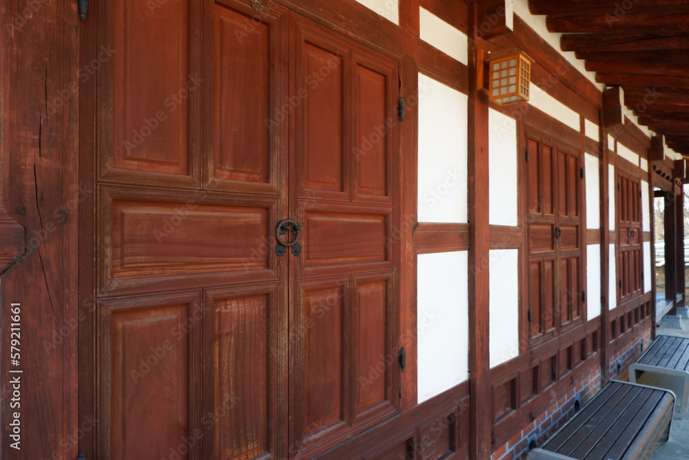 Wooden door and wall of asian traditional architecture. Dark and brown ...