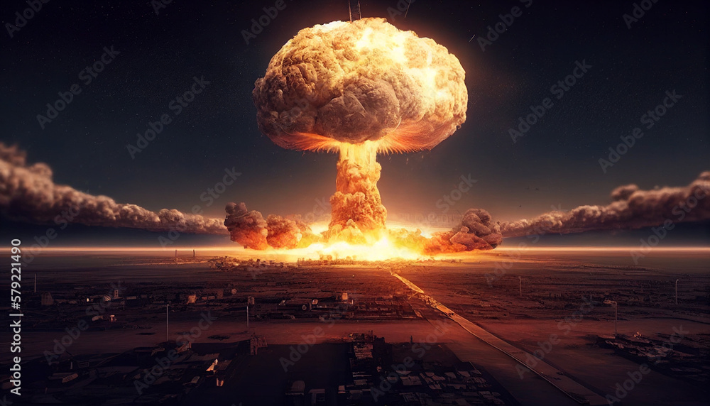 Nuclear bomb explosion over a city during world war. Stock Photo ...