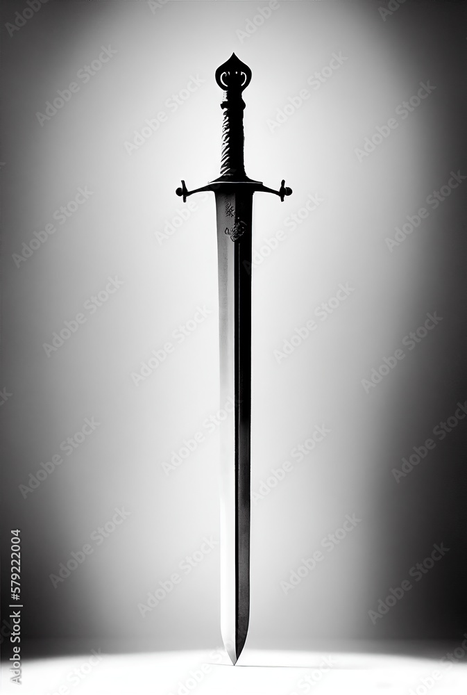 épée ou glaive médiéval isolé sur fond blanc, centré, noir et blanc ...