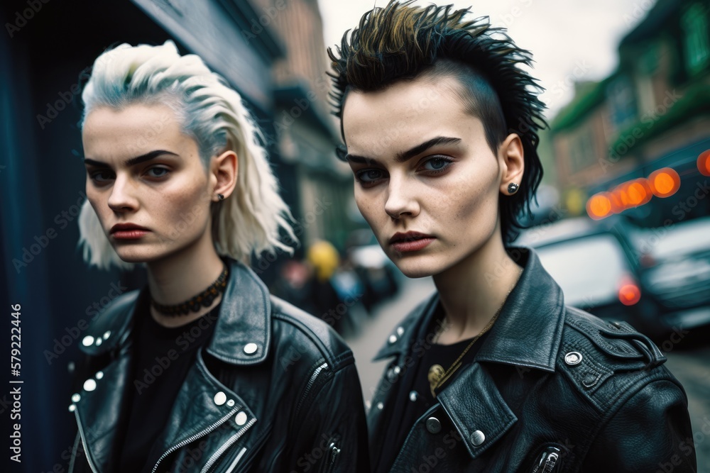 Portrait of two beautiful punk girls with colored dyed hair. Punk style ...