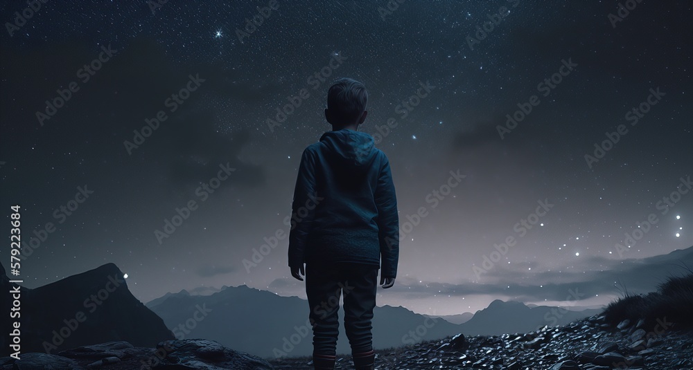 jeune garçon de dos qui observe le ciel étoilé de nuit dans le désert ...