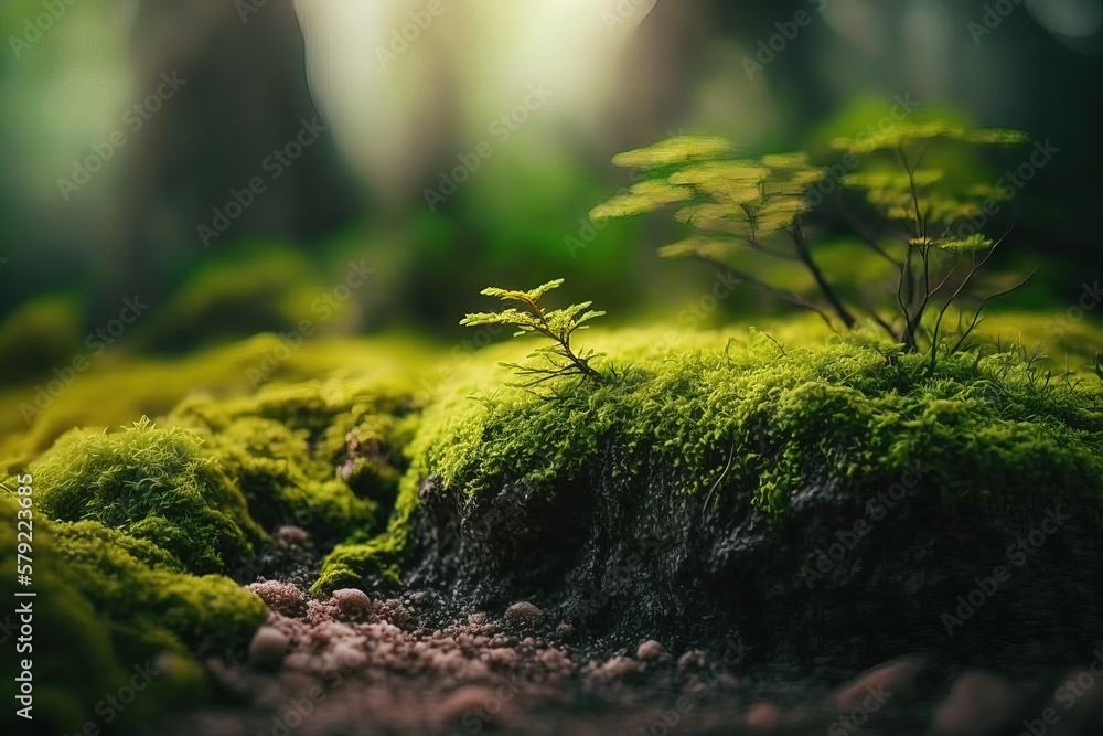 gros plan de sol naturel avec mousse verte, arrière plan flou de forêt ...