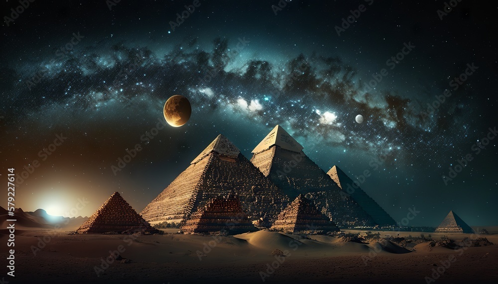 The Great Pyramids of Giza and the Moon in the night sky. Generative AI ...