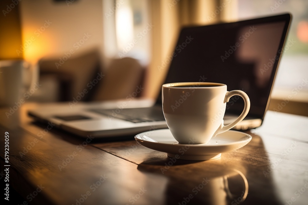 Capture the essence of a café scene with this image of a laptop resting ...