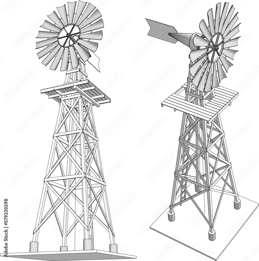 Vector sketch illustration of waterwheel tower for irrigation Stock ...