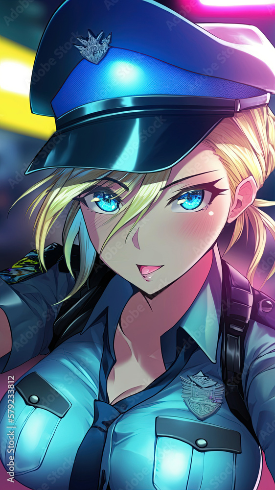 Sexy Anime Girl With Big Breasts In Cop Costume Generative Ai Stock