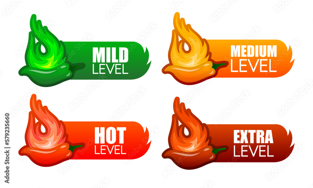 Spicy hot chili pepper. Label or sticker collection with flame and ...