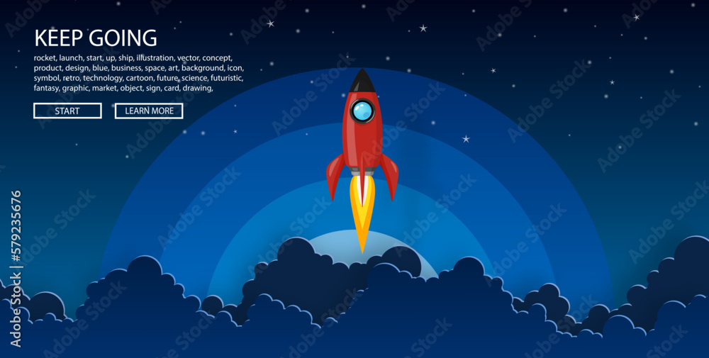 rockets launch into the night sky with text ,label, stars and clouds on ...
