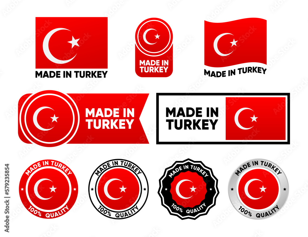 Made in Turkey label collection. Set of flat isolated stamp made in ...