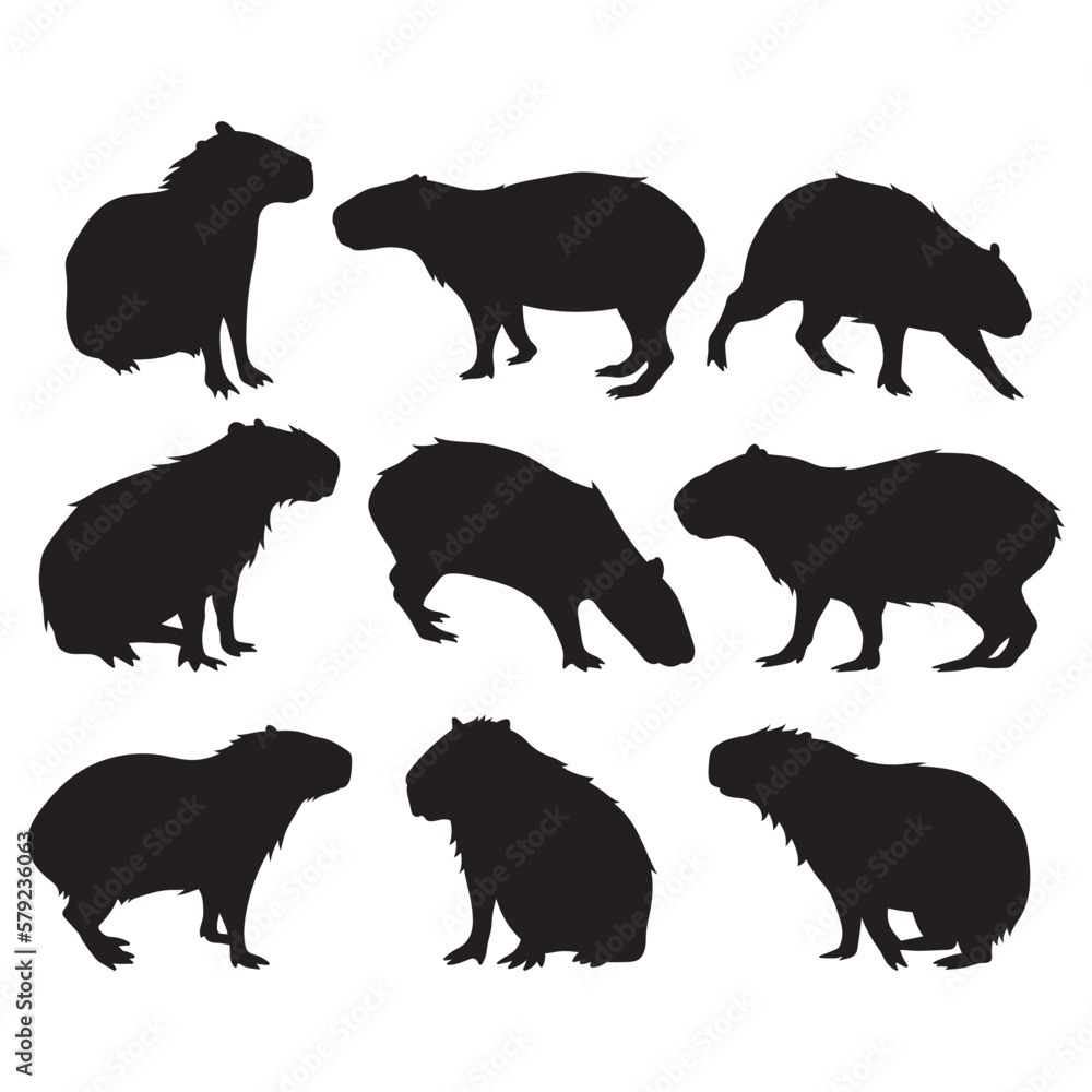 Capybara silhouette cute animals, set stencil templates for design ...