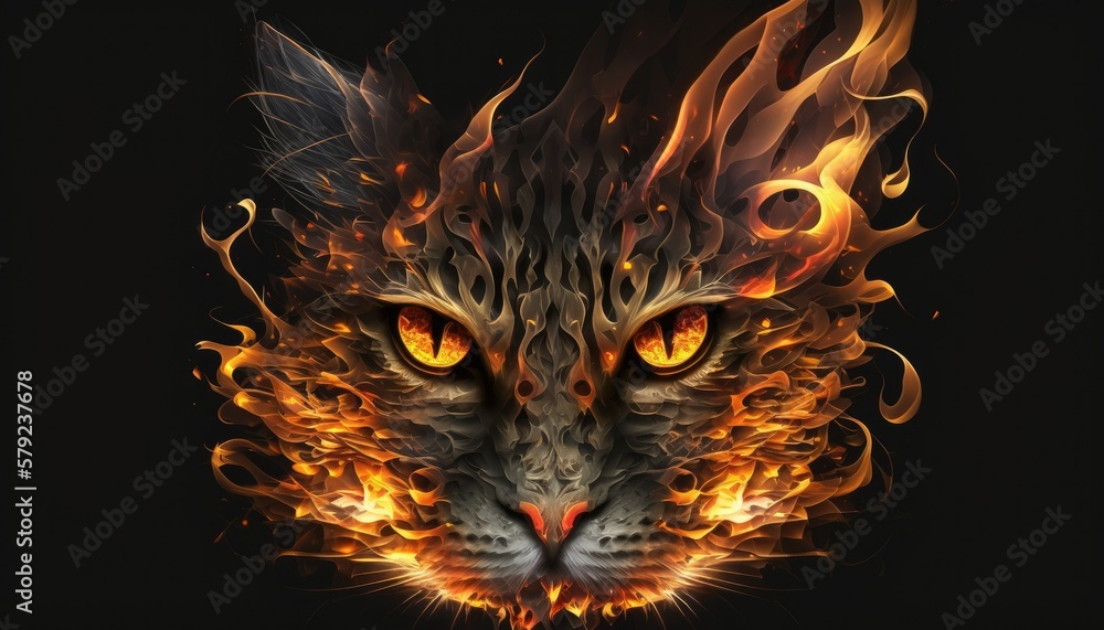 Flams burning in the shape of a cat face illustrations, ai art Stock ...