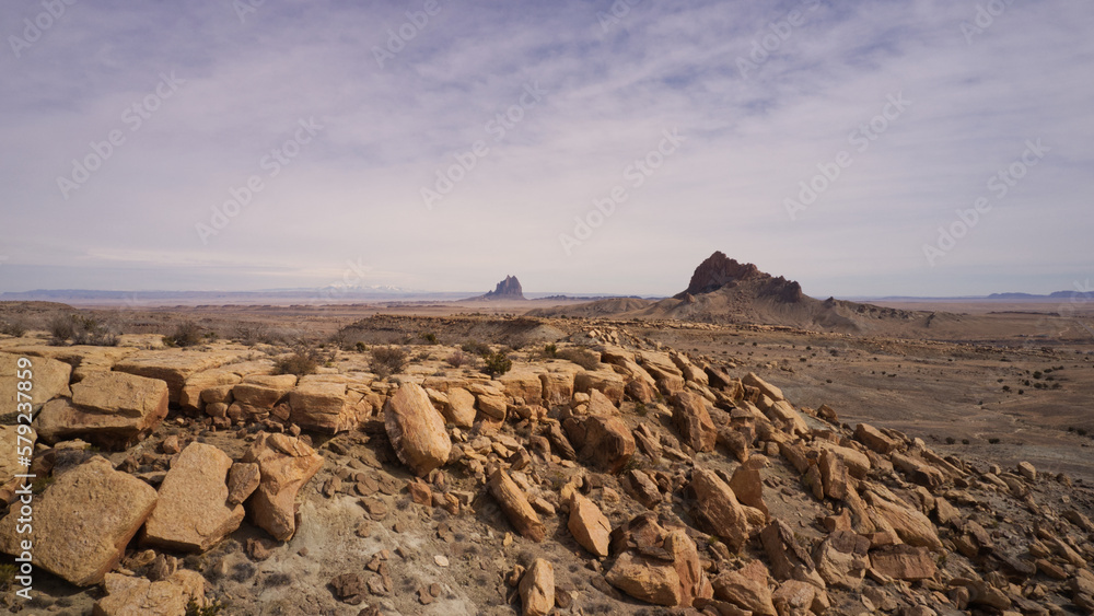An aerial view of Shiprock an example of a volcanic neck or monadnock ...