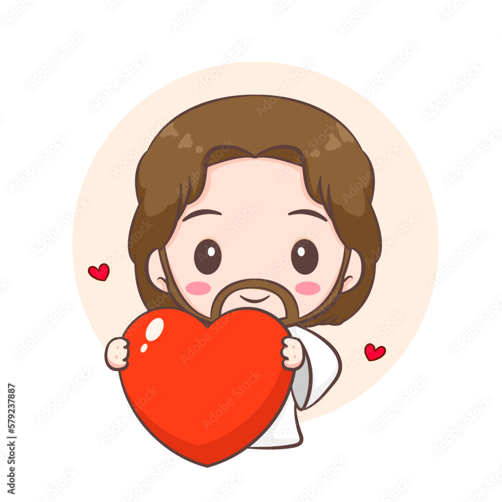Cute Jesus Christ cartoon character with love heart. Hand drawn Chibi ...