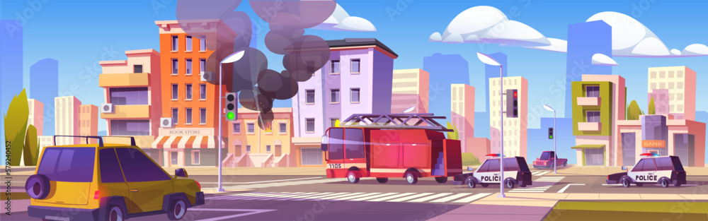 Burning city building and firefighter truck vector cartoon illustration ...