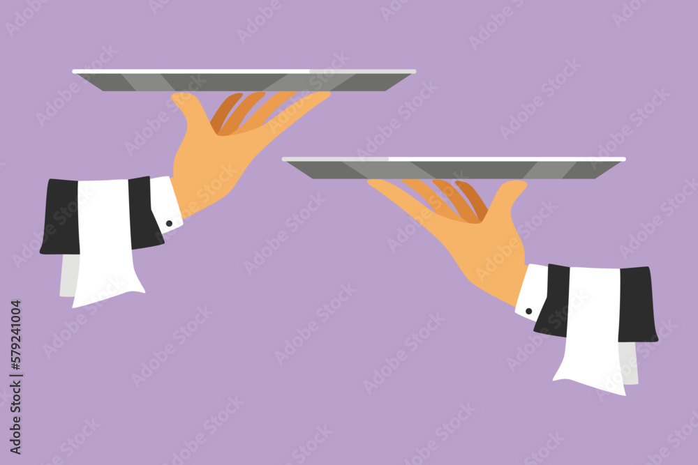 Graphic flat design drawing two tray cloche in hand symbol. Restaurant ...